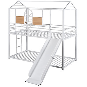 Bellemave Twin Over Twin Metal Bunk Bed with Slide, House Bunk Bed with Roof and Guardrails for Kids, Teens, Girls, Boys (White)