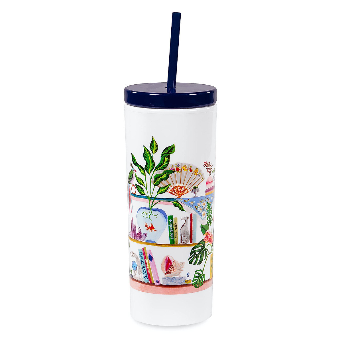Kate Spade New York Insulated Tumbler with Reusable Straw, 20 Ounce Acrylic Travel Cup with Lid, Bookshelf