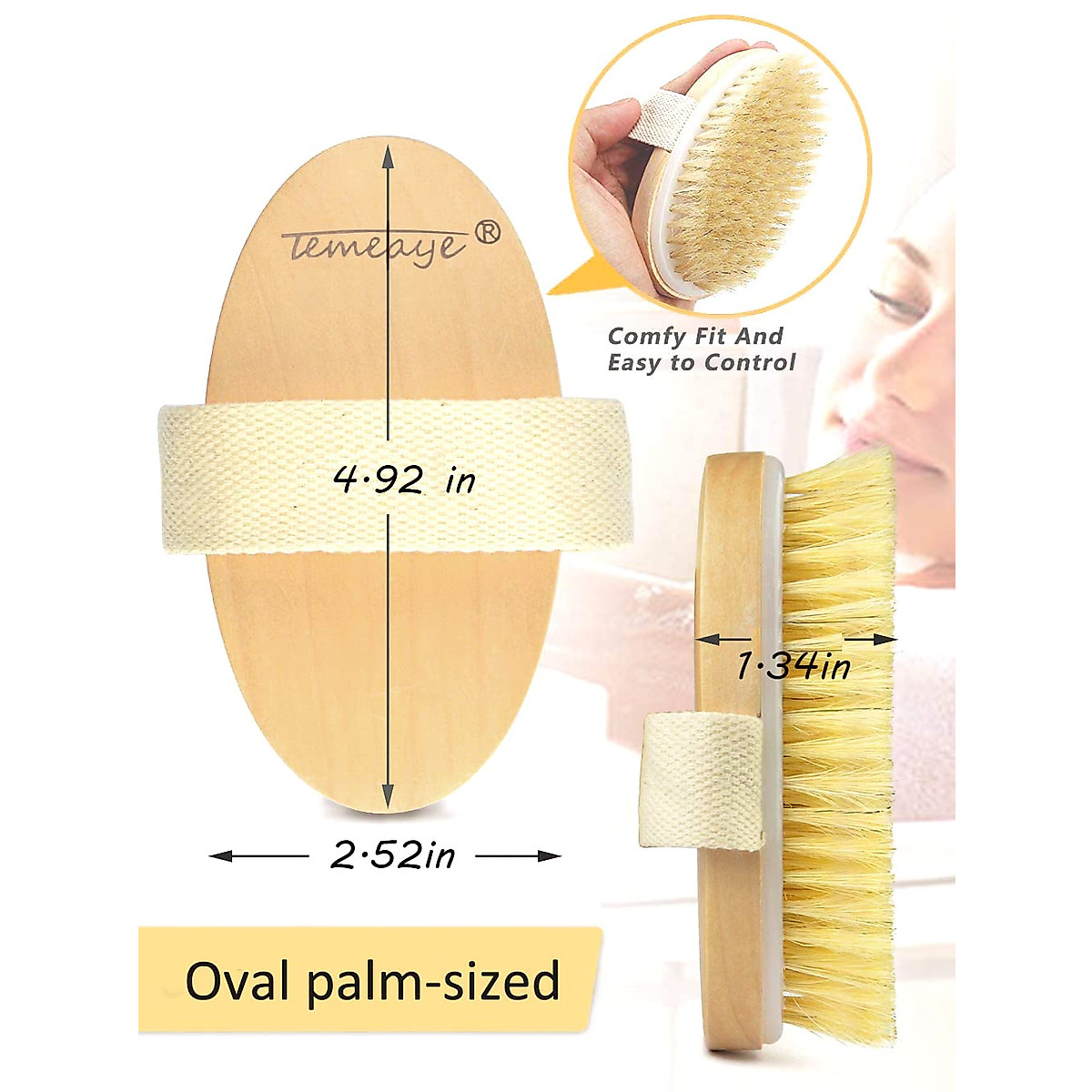 TEMEAYE Dry Brushing Body Brush, Body Skin Exfoliator Scrubber, for Skin Dry Brushing Massage, Lymphatic Drainage & Blood Circulation Improvement, Medium Strength (Boar Bristle and Wooden Handle)