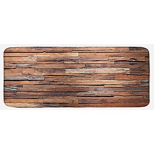Lunarable Wooden Kitchen Mat, Old Ruined Rustic Planks in Horizontal Order Construction Country House Picture, Plush Decorative Kitchen Mat with Non Slip Backing, 47" X 19", Cinnamon Umber