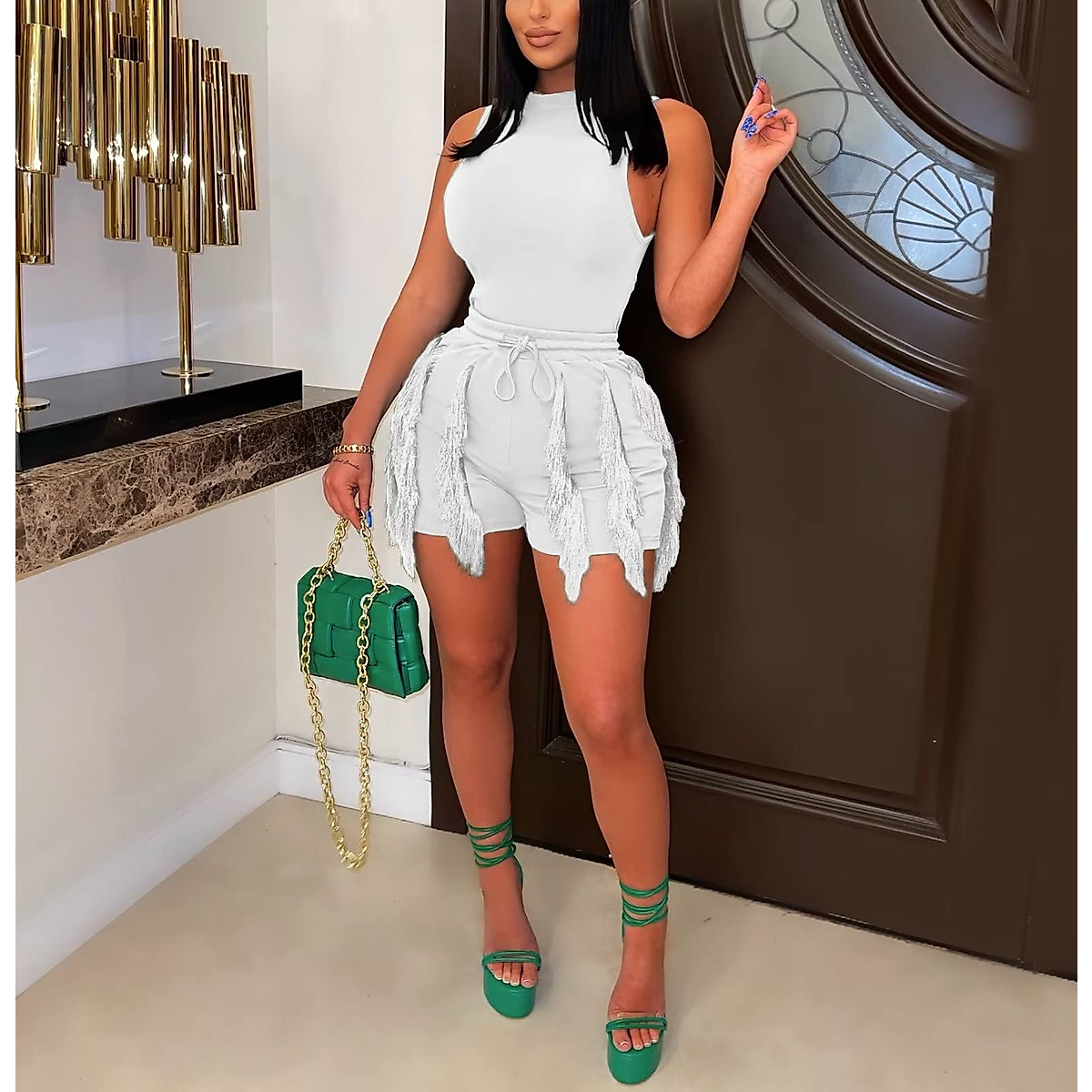 Track Suits for Women Set 2 Piece - Summer Sleeveless Tank Tops High Waisted Fringe Tassel Biker Shorts Sweatsuits Sets Streetwear Beach Vacation Outfits White, XL