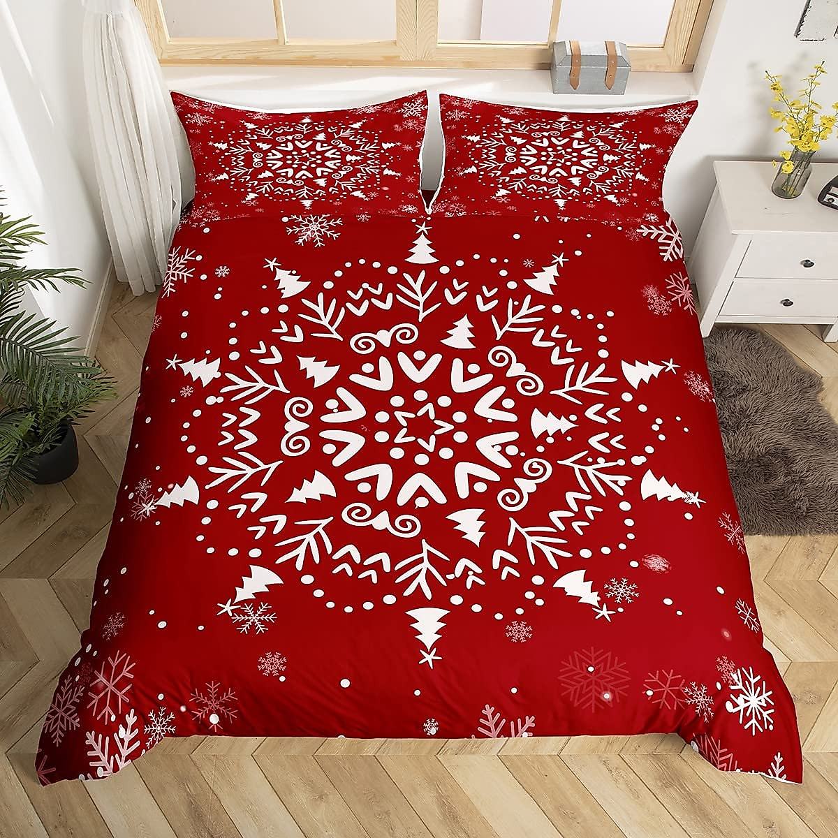 Red Abstract Snowflake Duvet Cover King Size,Merry Christmas Style Bedding Set 3pcs for Child Girls Boys Room Decor,New Year Gift Comforter Cover Retro Exotic Pattern Quilt Cover,2 Pillowcases