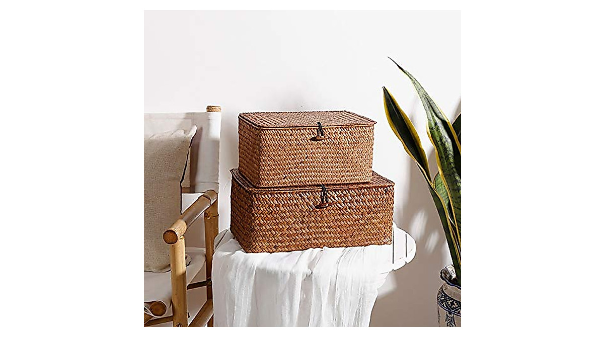 Woven Straw Storage Bins with Lid - Set of 4 for Stylish Organization