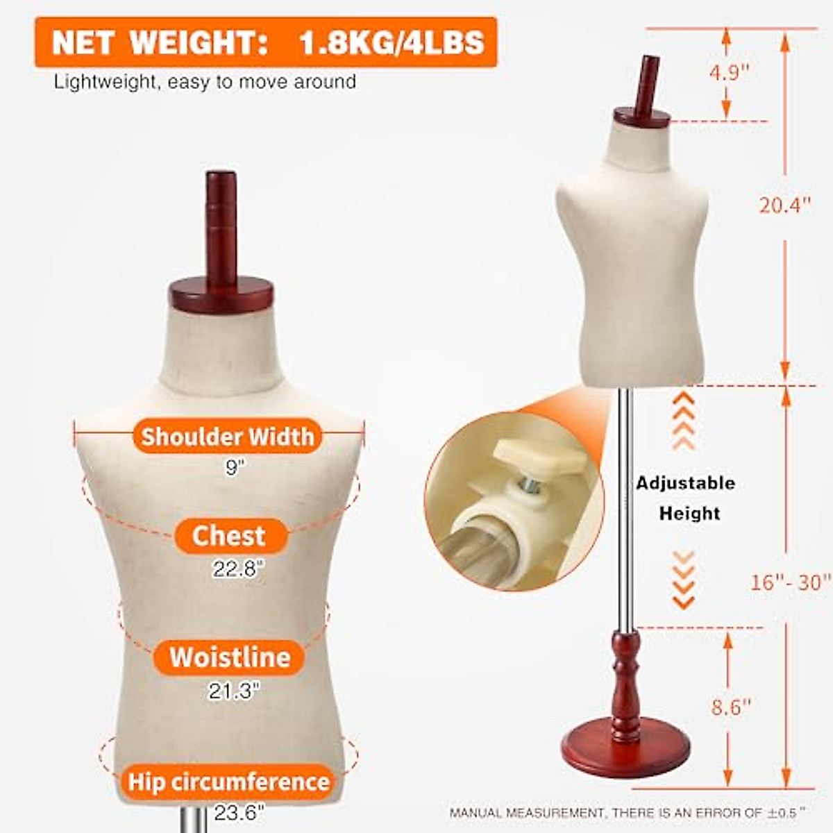 Child Mannequin, Kid Dress Form Mannequin Torso Adjustable Height Unisex Toddler Mannequin Body with Solid Wooden Base, for Clothing Dress Jewelry Display, (Brick red, 4-5 Years Old)