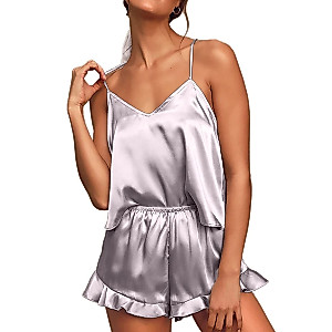ZIJEFA Pajamas for Women Silk Sleepwear Sexy Lingerie Satin Cami Shorts Set Nightwear(L,B-Grey)