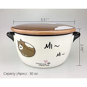 VanEnjoy Big Capacity 24oz 3D Cute Cartoon Microwave Ceramic Soup Cat Bowl Instant Noodle Bowl Cereal Bowl for Salad Fruit Vegetable with Ceramic Kitty Cat Lid and Handles (coffee)