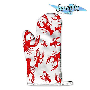 Crawfish Home Decor | Decorative Kitchen Hot Plate Pot Holder Oven Mitt Set | Heads Or Tails | Red White Southern Crawdads Crayfish Bayou Spring Summer Fall | White Home Decor Decorations