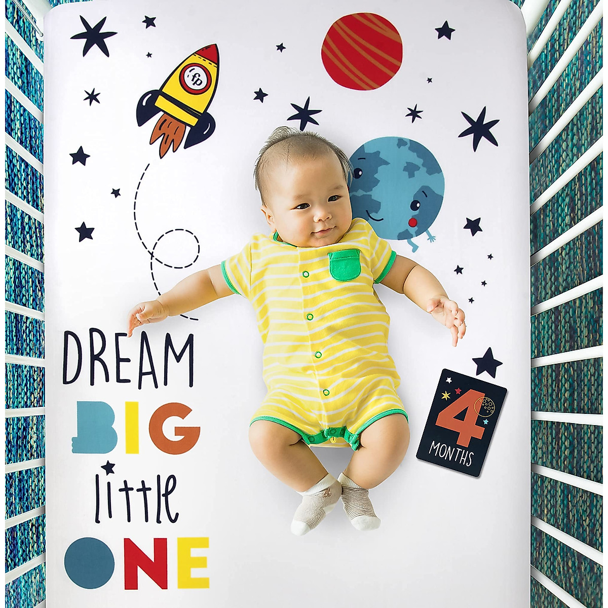 Fisher Price Space Explorer Baby Milestone Sheet, Fitted Crib Sheet Cotton Stars Space Themed Nursery Bedding 28x52” Fitted Crib Sheet for Boys