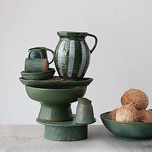 Creative Co-Op Hand Painted Striped Stoneware Pitcher, Green and White Serveware, 9"L x 7"W x 10"H, Green & White