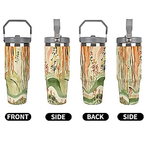 ZJCDPBR 30 Oz Tumbler with Foldable Handle And Flip Straw,Green Line Art Vacuum Insulated Travel Coffee Tumblers,Stainless Steel Leak-Proof Water Bottle,Fits in Cup Holder,Keep Cold 24H & Hot 12H