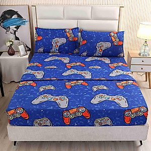 SDIII 4PCS Blue Gamer Sheets Set Full, Bed in a Bag Gaming Bedding Sheet Full, Wrinkle and Fade Resistant, Cute Bedding Sheets for Kids, Boys and Girls, Full