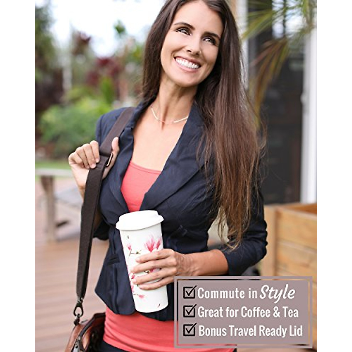 Willow & Everett 16oz Ceramic Travel Mug with Lid. Magnolia Double-Walled Tea Cup with Tea Infuser and Bonus Silicone Top. Tall Coffee and Tea Mug Tea Cups Loose Leaf Tea - Tea Mugs Tea Steeper