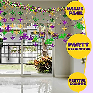 JOYIN 25 PCS Assorted Mardi Gras-themed Set with 24 Hanging Swirls and 1 Strings with Garland Party Decorations Supplies