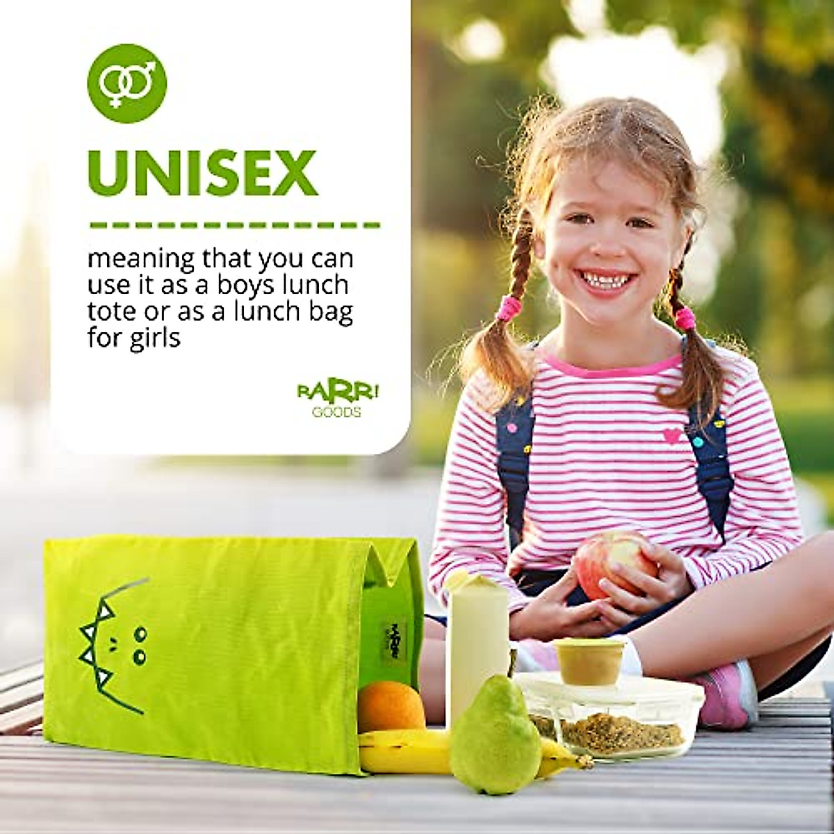 Rarr! Goods - T-Rex Bite Waxed Canvas Lunch Bag, Cute Reusable Lunch Bag for Kids, Long-Lasting Waterproof Lunch Bag, Large-Sized Waxed Lunch Bag, 9 x 14 x 6.3 inches, Green - Kids 3 and up