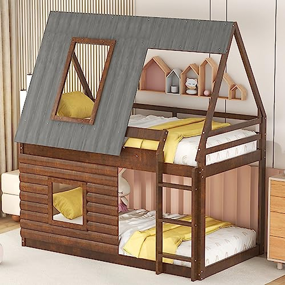 Harper & Bright Designs House Bunk Bed for Kids, Low Bunk Bed Twin Over Twin, Wood Floor Bunk Beds with Roof,2 Windows and Ladder for Girls Boys, Oak & Smoky