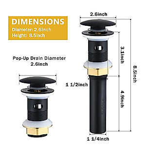 Yodel Faucet Matte Black Bathroom Sink Pop up Drain Stopper with Overflow for Vessel Lavatory Vanity Sink, Included Built-In Anti-Clogging Strainer Basket Hair Catcher