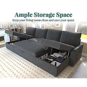 VanAcc Sleeper Sofa, 110 inch Oversize - 2 in 1 Pull Out Bed, Sectional Sleeper Sofa with Double Storage Chaise for Living Room, Grey Linen Couch