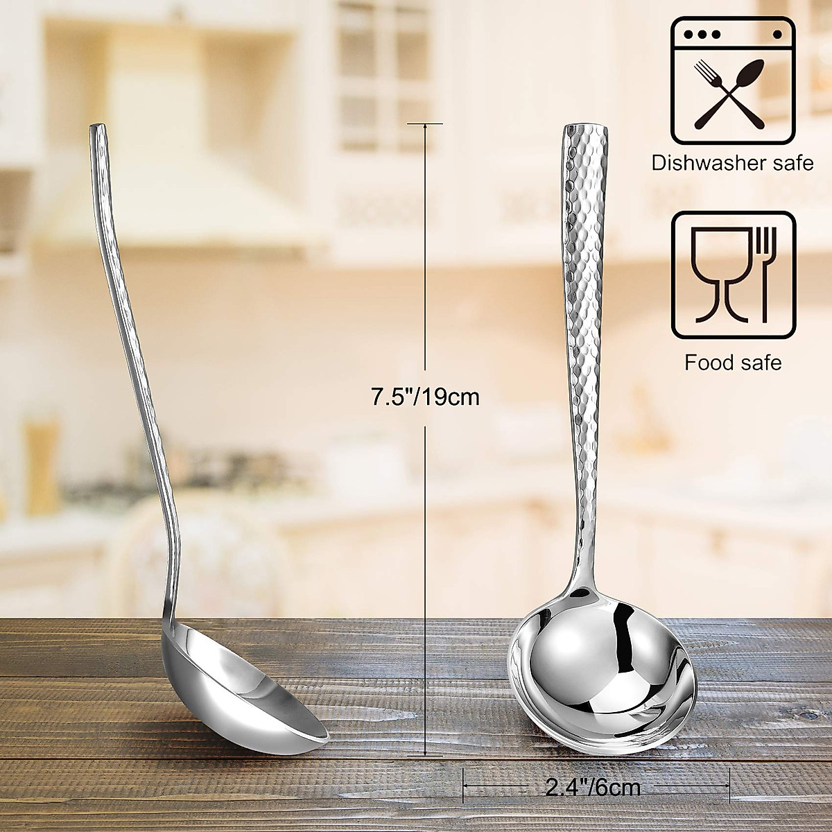KEAWELL Unique 7.5 inch Small Hammered Sauce ladle, 1 oz. 18/10 Stainless Steel Gravy Soup Ladle. Solid and Sturdy, Dishwasher Safe (2)