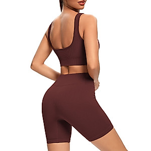 BUSCANDO Yoga Workout Outftis Sets for Women 2-Piece Shorts-Seamless Ribbed High Waist Athletic Leggings+Sports Bra Gym Clothes Sets (Brown, l)