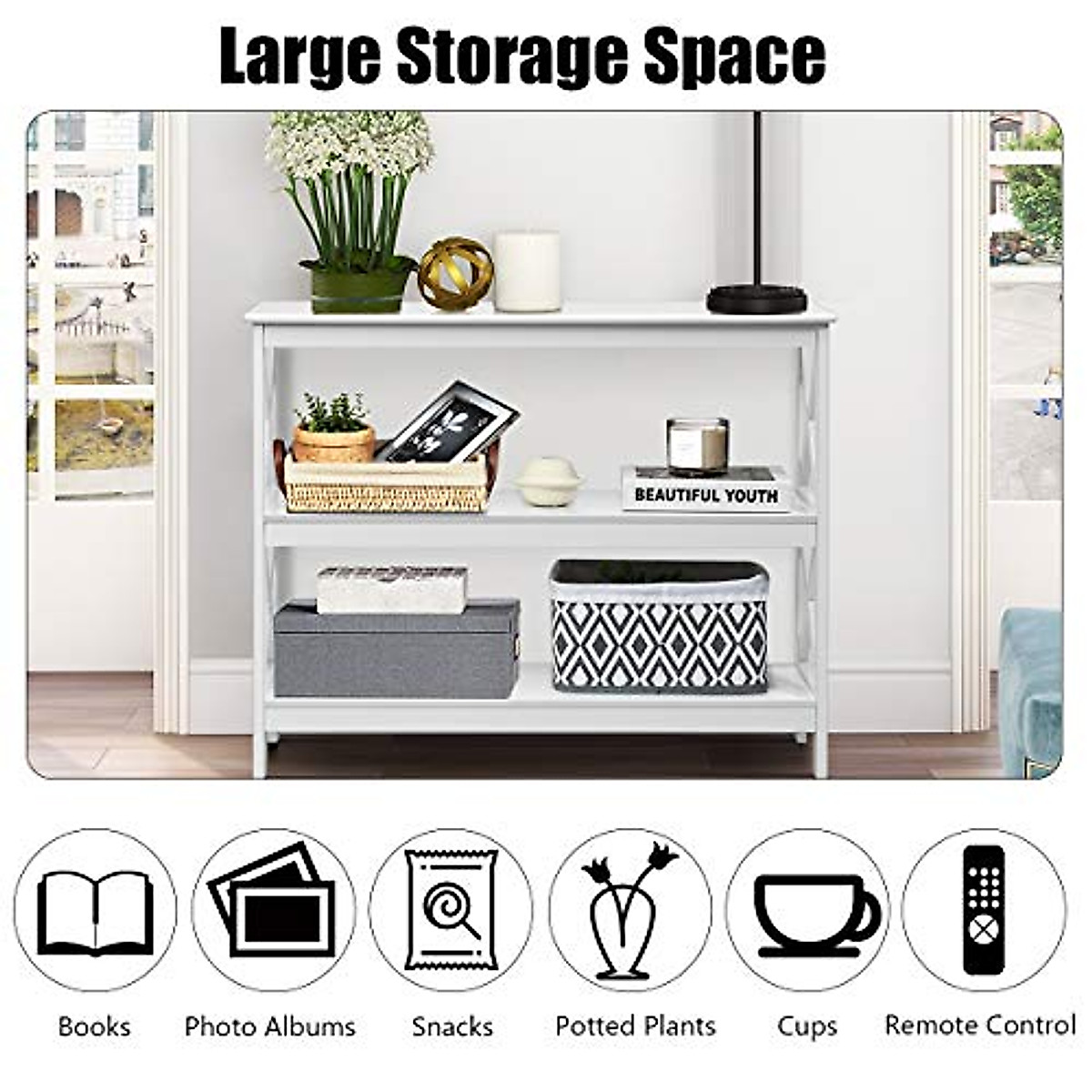 Giantex 3-Tier Narrow Console Table, Rustic Sofa Table with Storage Shelf, X-Design Bookshelf, Skinny Foyer Table, Behind Couch Table, Entryway Table for Hallway Living Room, Entry Table, White