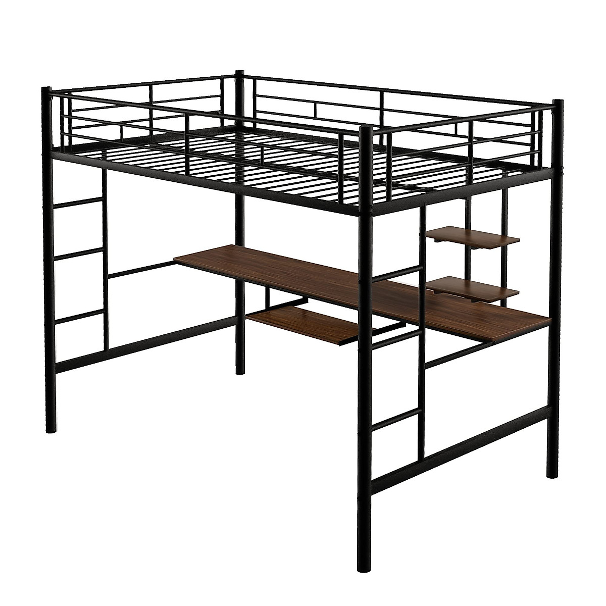 RUNWON Full Size Metal High Loft Bed with Under-Bed Long Desk and Storage Shelves for Kids Adults