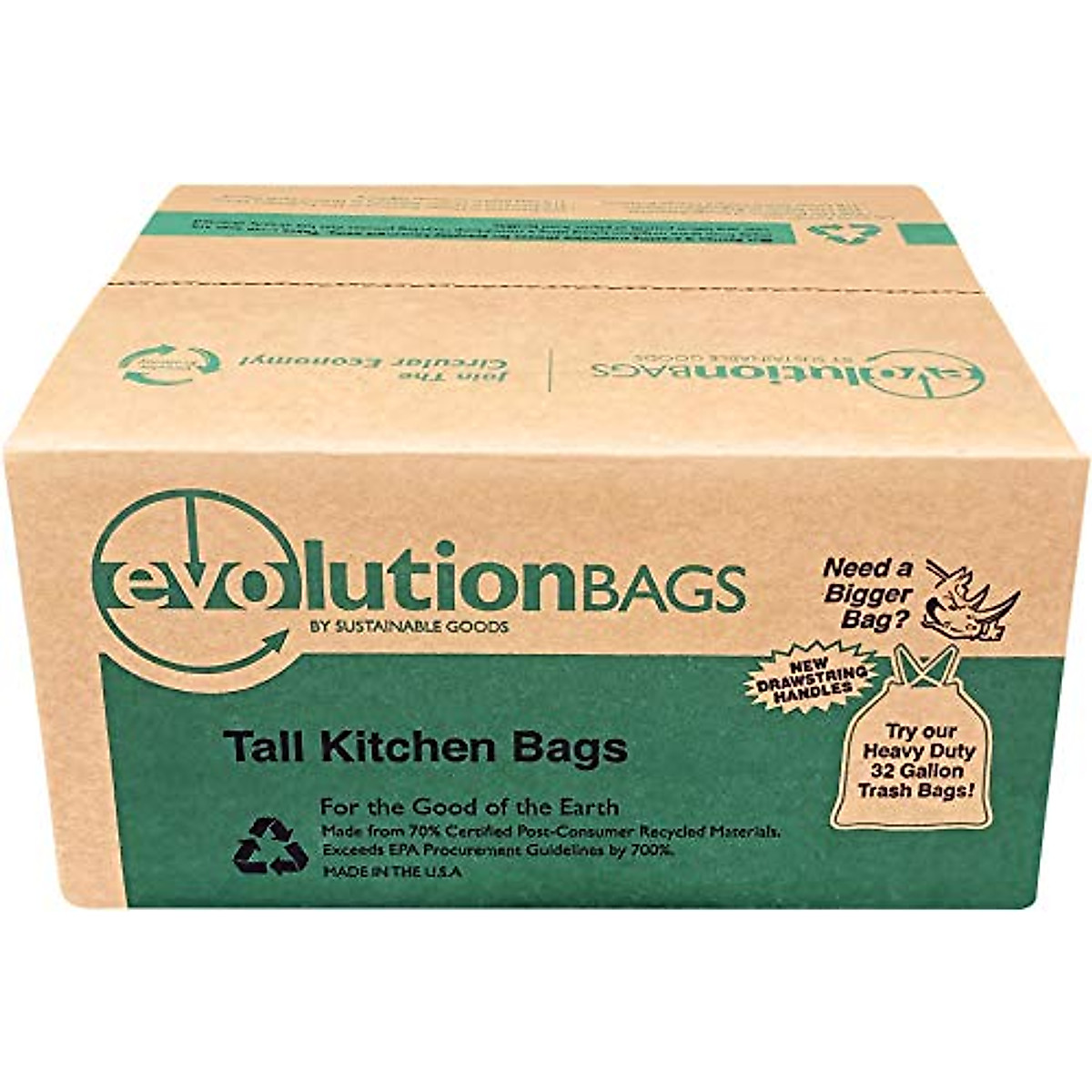 **NEW** Evolution Trash Bag Tall Kitchen DRAWSTRING, 100 bags/box, made with 70% CERTIFIED PCR material