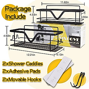 SIXDOVE Shower Caddies 2 PACK - No Drilling Adhesive Shower Organizer with Hooks, Rustproof SUS304 Stainless Steel Bathroom Shower Shelf, Shower Rack Large Shower Holder & Kitchen Storage(Matte Black)