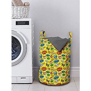 Lunarable Superhero Laundry Bag, Humor Speech Bubbles Funky Vivid Bang Boom Bam Pow Fiction Design, Hamper Basket with Handles Drawstring Closure for Laundromats, 13" x 19", Yellow Red