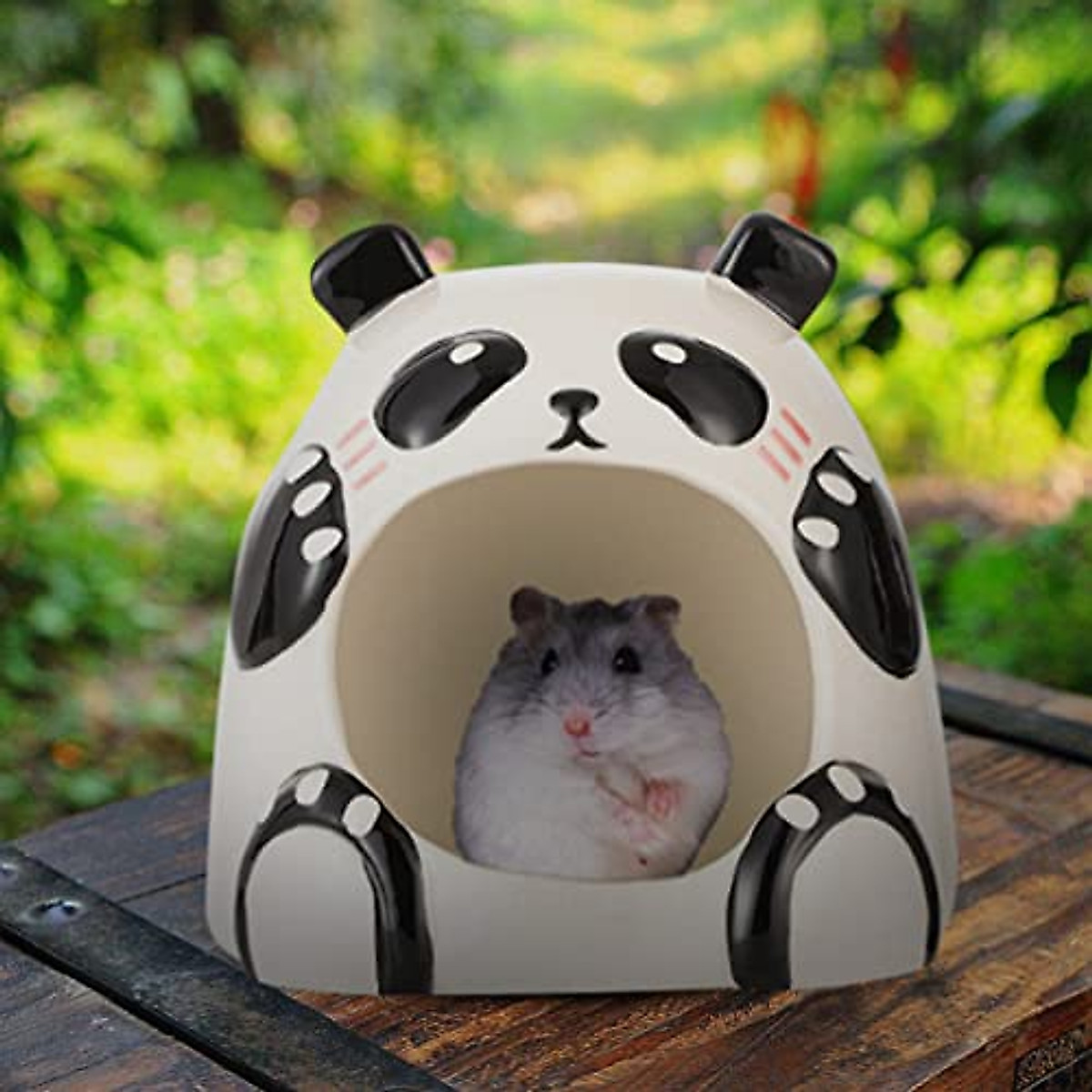 VILLCASE Small Animal Ceramic Critter Bath Hamster Hideout Pet House Panda Shape Hamster Hut Cave Summer Cool Chinchilla Nest Pet Habitat Cage for Dwarf Hamsters Gerbils