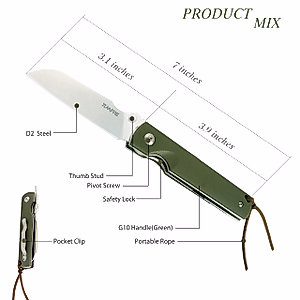 Tunafire Folding Pocket Knife,3 Inch D2 Blade G10 Handle with Thumb Stud Opener-Everyday Carry,Outdoor Use