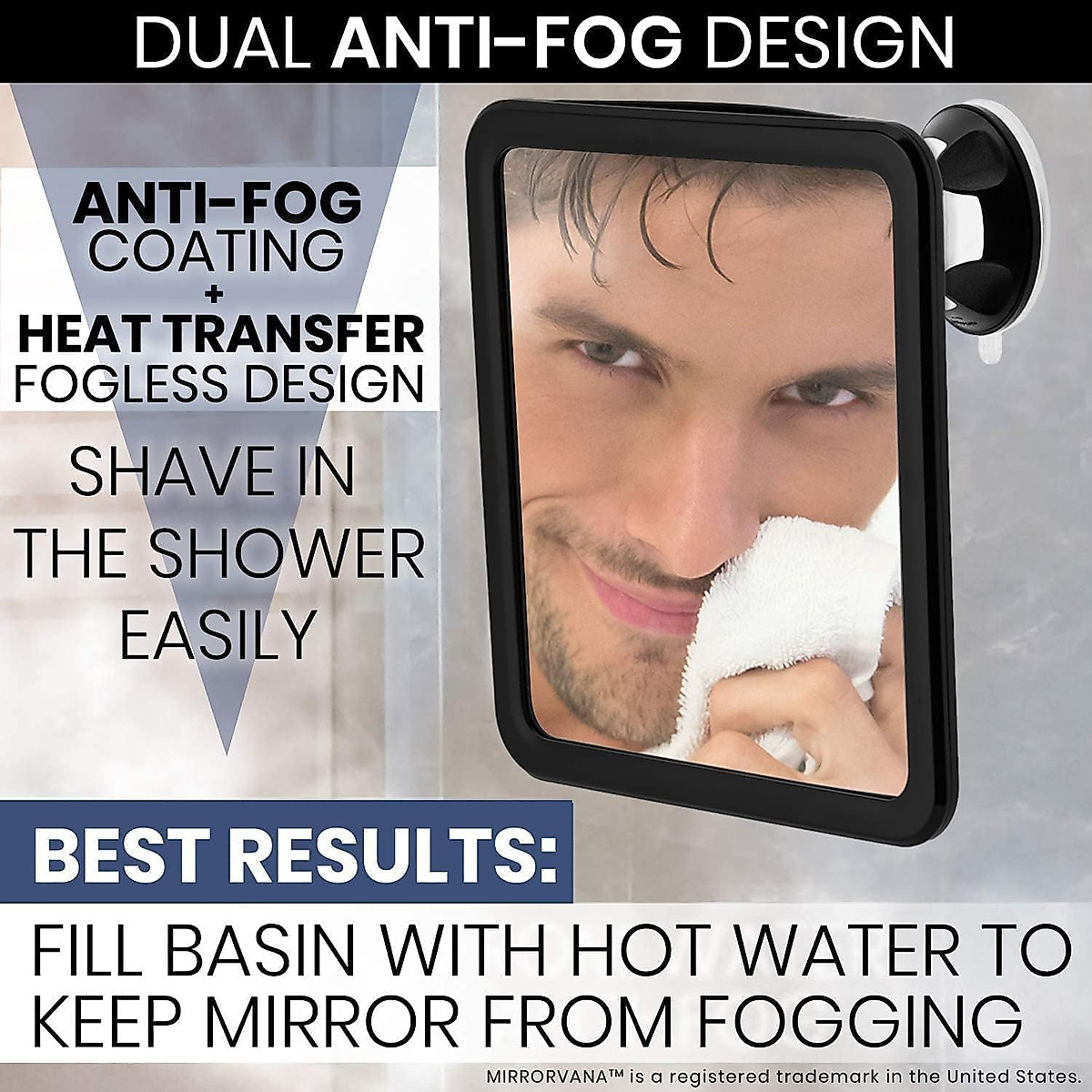 MIRRORVANA Fogless Shower Mirror for Shaving with Upgraded Suction, Dual Anti Fog Design, Shatterproof Surface & 360° Swivel, 8" x 7"