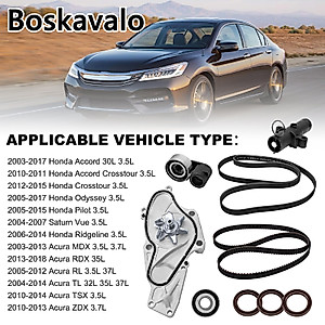 Boskavalo Engine Timing Belt Kit with Water Pump Compatible with 2003-2018 Honda Accord Pilot Crosstour Odyssey Ridgeline Acura MDX RDX RL TL TSX ZDX Saturn Vue Replaces TKH002 19200-RDV-J01 TCKWP329