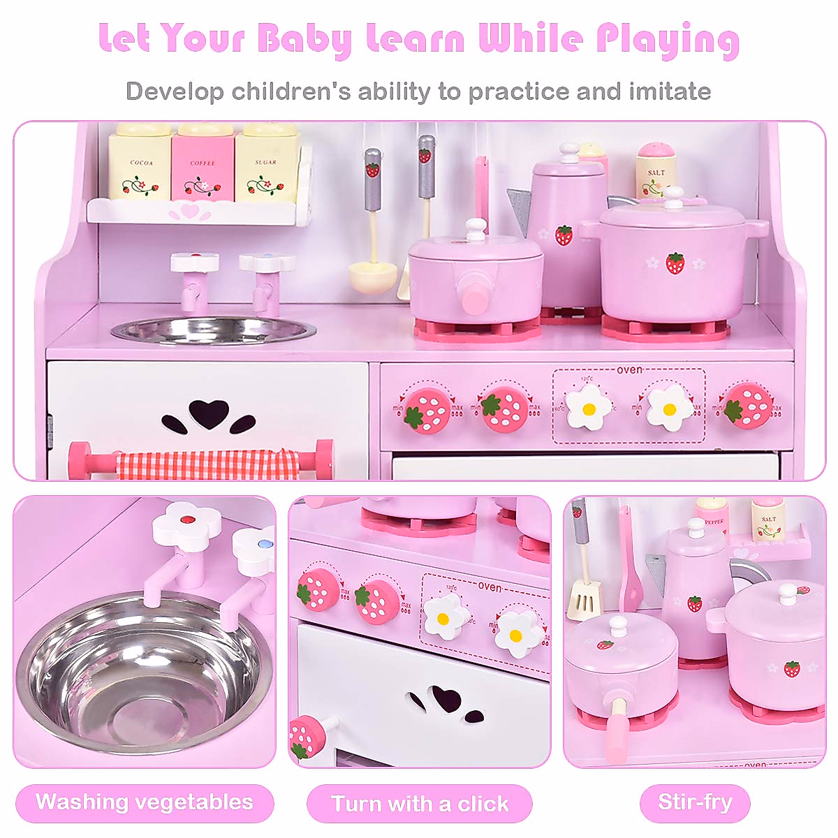 KOTEK Play Kitchen, Wooden Toddler Kitchen Playset with Sounds, 13 Pcs Accessories & Storage Cabinets, Pink Chef Pretend Play Toy with Sink & Stove, Kitchen Set for Kids, Gift for Girls Boys