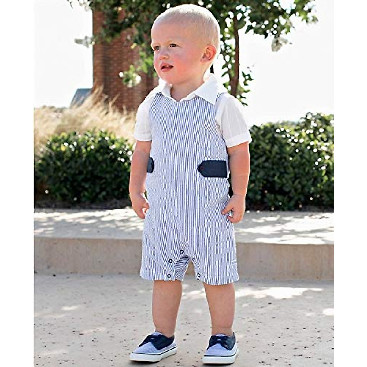 RUGGEDBUTTS® Baby/Toddler Boys White Dobby Short Sleeve Button Up Bodysuit - 18-24m