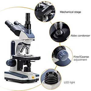 Swift Trinocular Compound Microscope SW350T,40X-2500X Magnification,Siedentopf Head,Research-Grade,Two-Layer Mechanical Stage,1.3mp Camera and Software Windows and Mac Compatible