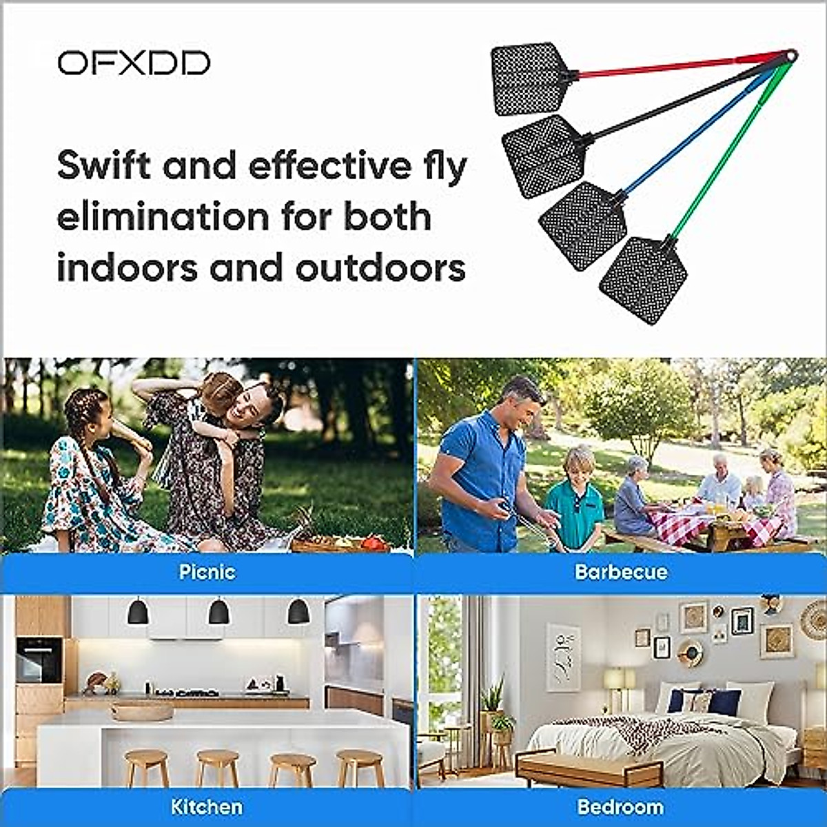 OFXDD Rubber Fly Swatter, Long Fly Swatter Pack, Fly Swatter Heavy Duty, Black and Light Blue Colors (2 Pack)