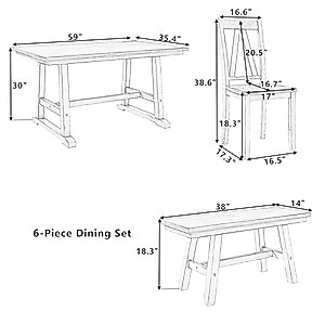 Harper & Bright Designs 6-Piece Dining Set, Farmhouse Style Wood Dining Table and 4 Dining Chairs & Long Bench, Kitchen Table Set, Walnut+Gray
