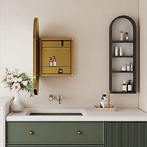 Yozma 20x34 Inch Oval Recessed Medicine Cabinet with Mirror, Metal Framed Bathroom Wall Mounted Cabinet Organizer with Mirror and Adjustable Shelves, Wall Mirror with Storage for Bathroom, Matte Gold