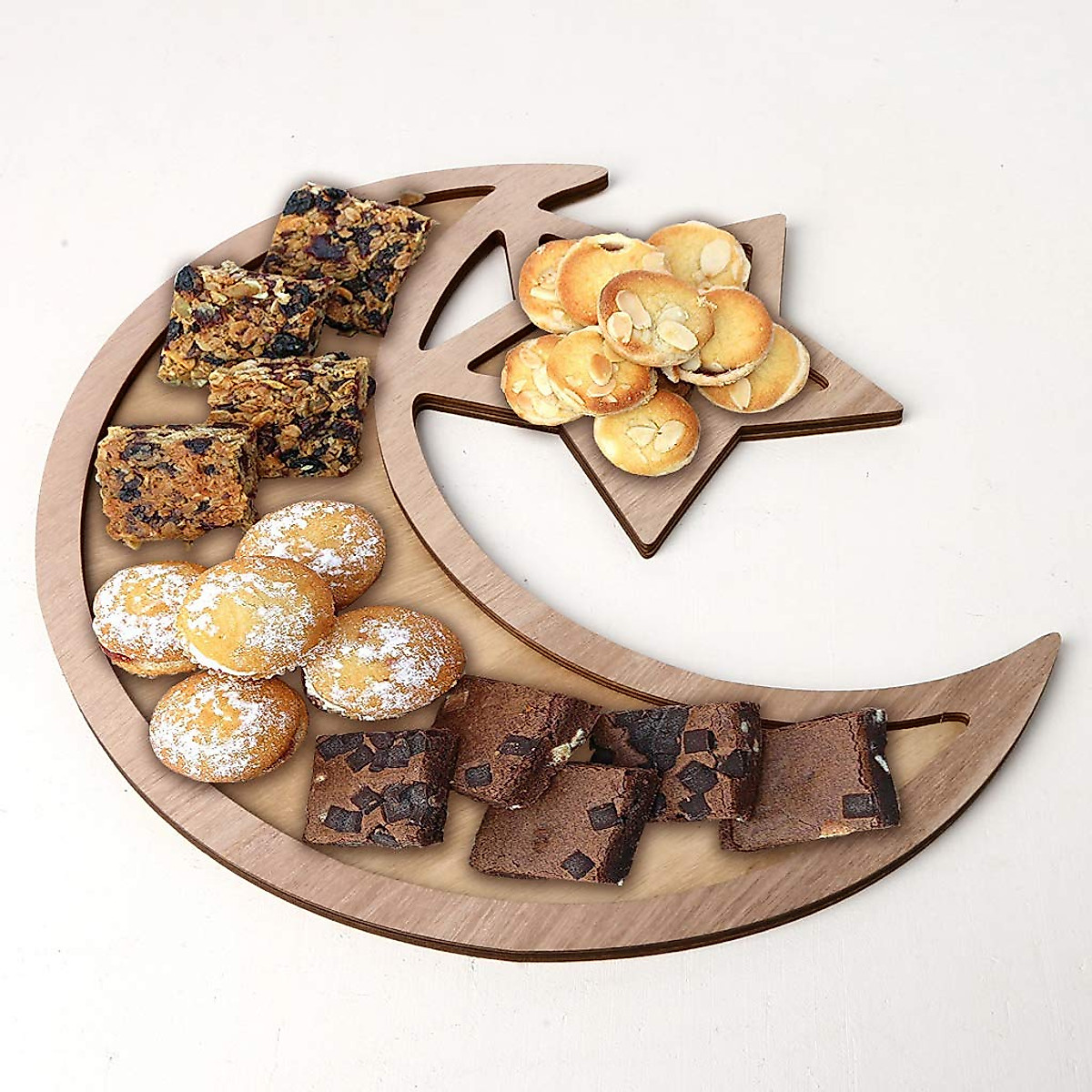 Zripool Wooden Rustic Crescent Moon Srar Eid Ramadan Party Food Serving Tableware Dessert Pastry Tray Display Holder Decor