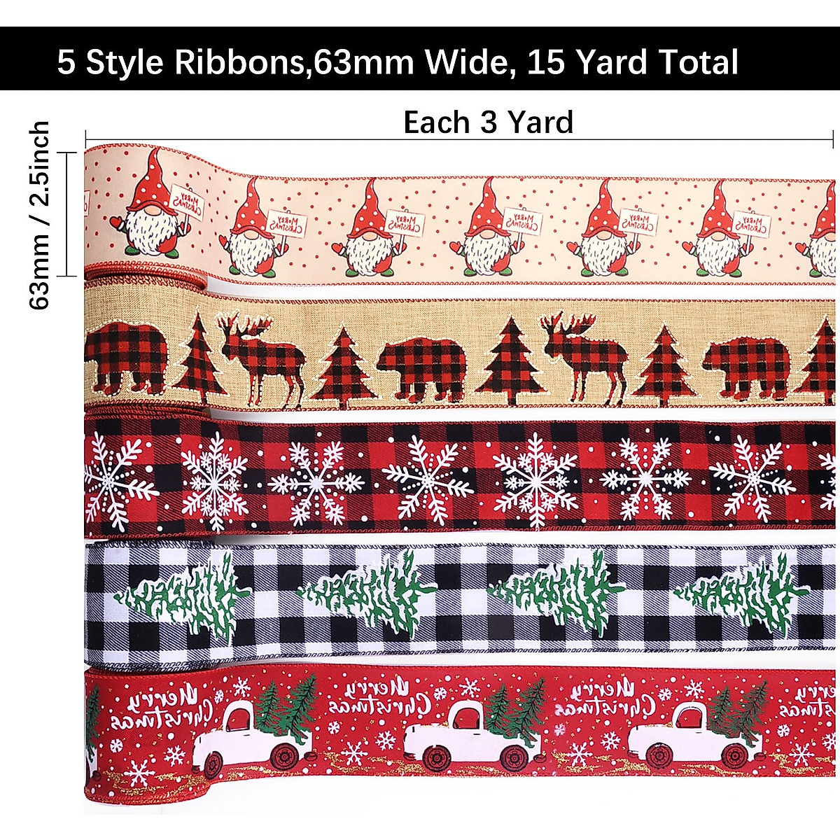 5 Style Christmas Wrapping Ribbons Grosgrain Satin Ribbons Snowflake Christmas Truck Tree elk Santa Claus 63mm Wide for Holiday Festival Gift DIY Craft Decor, 15 Yard Total