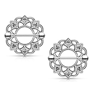 Forbidden Body Jewelry Pair of Surgical Steel Tribal Sun Nipple Ring Shields, 5/8 Inch Barbells, Silver Tone