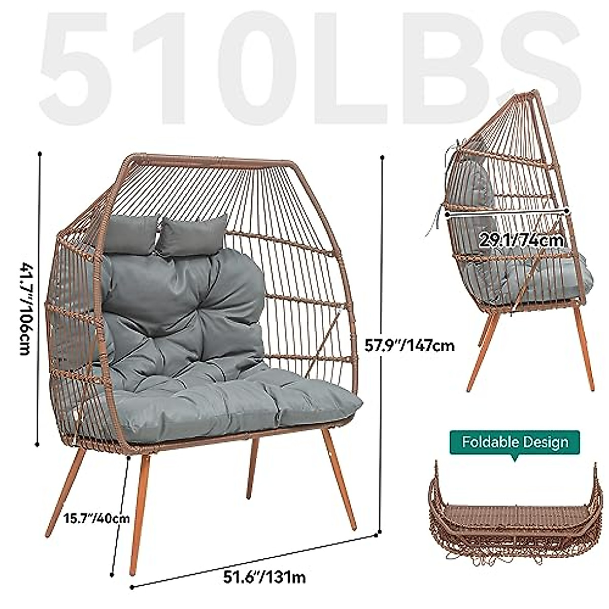 YITAHOME Double Egg Chair with Legs 2 Person Wicker Egg Chair Indoor Outdoor Patio Egg Chair with Cushions 510lbs for Patio, Bedroom, Garden and Balcony, Gray