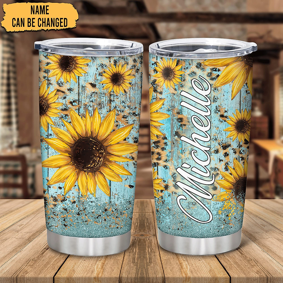 Hyturtle Personalized Gifts For Sunflower Lover - Sunflower Prints Custom Name Stainless Steel Tumbler 20oz With Lid - Idea Floral Lover Gifts For Women Girl On Birthday, Christmas