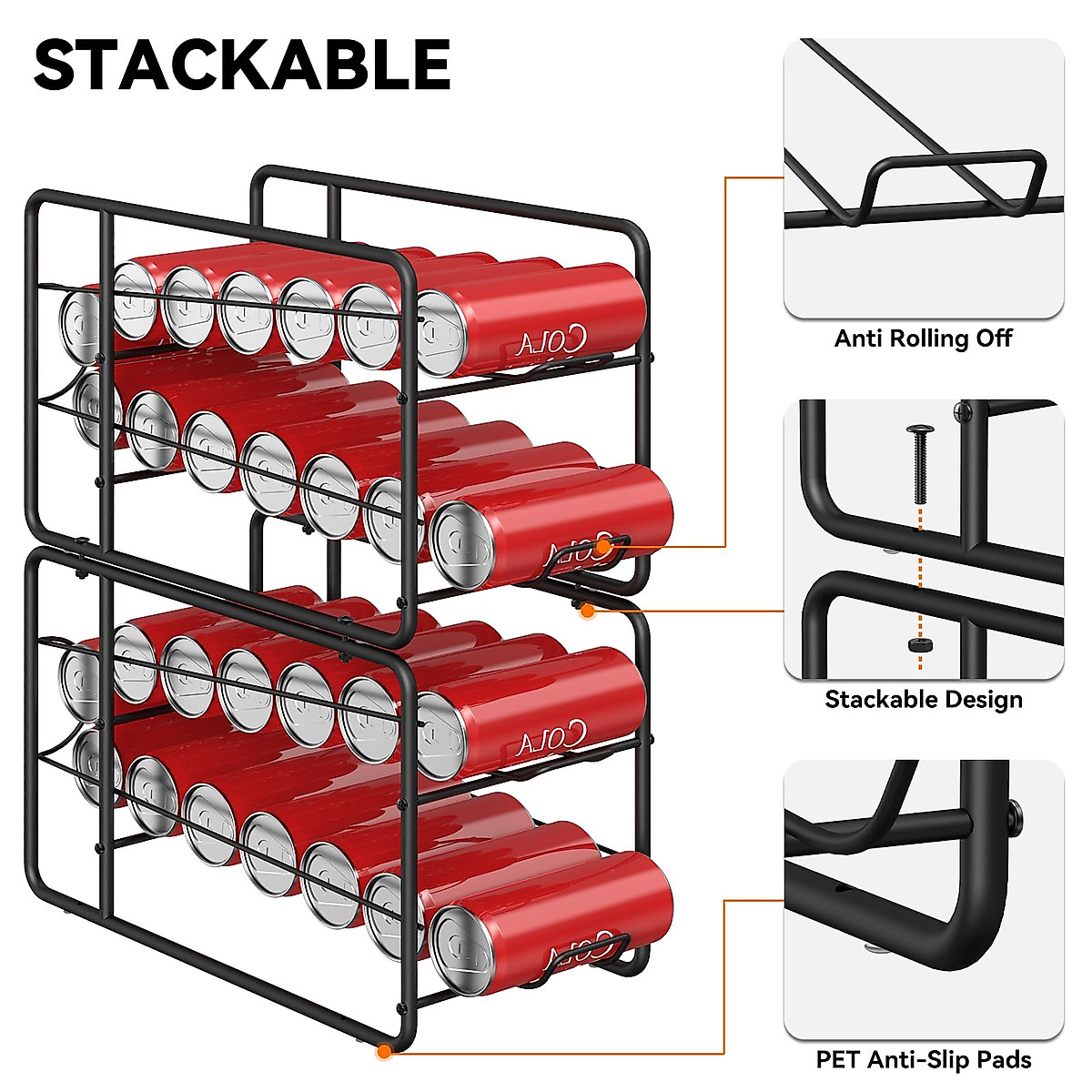MOOACE 2 Pack Skinny Can Dispenser Rack, Stackable Tall Skinny Soda Pop Cans Storage Organizer Holder for Fridge Freezer Pantry Kitchen Cabinet Countertop, Black