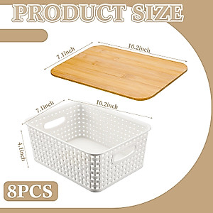 Barydat 4 Pack Plastic Storage Baskets with Bamboo Lid Pantry Organization Storage Containers Lidded Storage Bins Container for Shelves Drawers Desktop Closet Playroom Classroom Office (White)