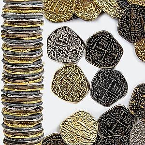Beverly Oaks Metal Pirate Coins - Gold and Silver Spanish Doubloon Replicas - Fantasy Metal Coin Pirate Treasure (100)