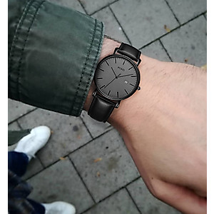 BUREI Men's Fashion Minimalist Wrist Watch Analog Date with Leather Strap (Dark Grey)