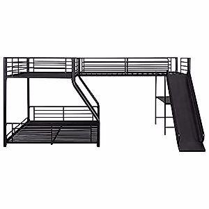 BIADNBZ Triple Bunk Bed Full Over Twin&Twin Size with Desk and Slide, Metal L-Shaped BunkBed Attached w/LoftBed, for 3 Kids/Teens/Adults Bedroom, Black