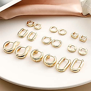 Gold Chunky Hoop Earrings Set for Women, 14K Gold Plated Twisted Huggie Hoop Earring Hypoallergenic, Thick Open Hoops Set Lightweight (9 Gold hoops)