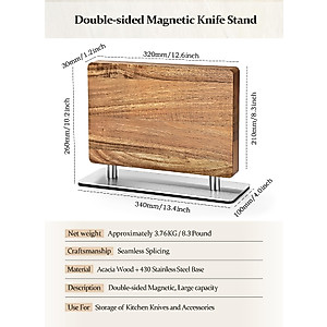 Strong Double Sided Magnetic Knife Block Without Knives, with Acacia Wood+430 Stainless Steel Base，Magnetic Universal Stands with Strong Enhanced Magnets Strip Kitchen Storage Cutlery Large Organizer